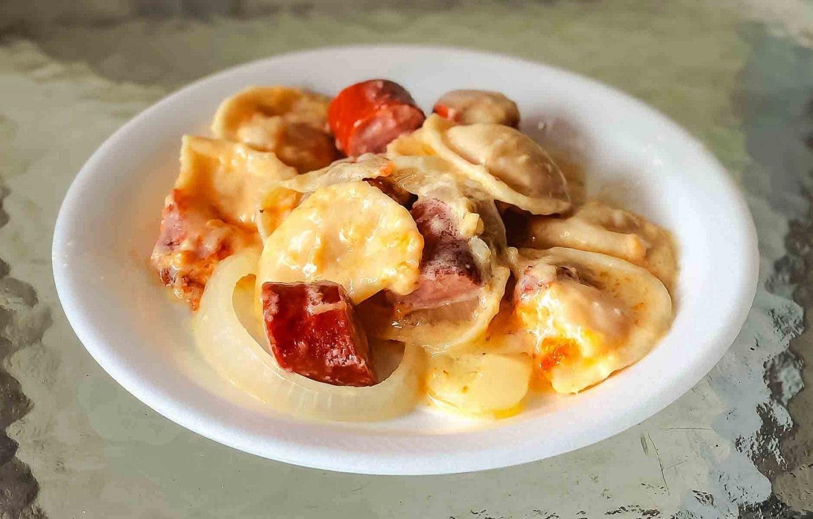 Tailgate Pierogies With Keilbasa, Bacon, And Onions
